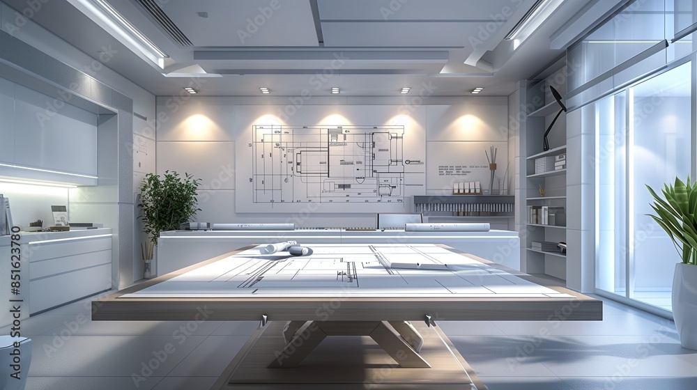 An architecta??s office with a large drafting table, bright task ...