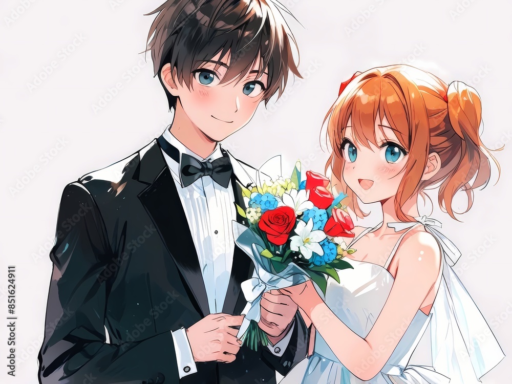 Cute wedding couple, boy in blazer suit, girl in white gown, with ...