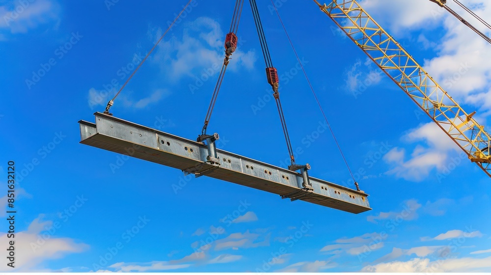 construction crane lifting a steel girder into place, with a blue sky ...
