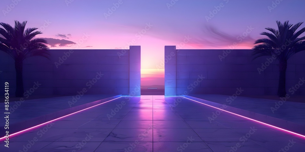 Neon Lights Illuminate Ancient Babylon Temple at Moonlight and Sunset ...