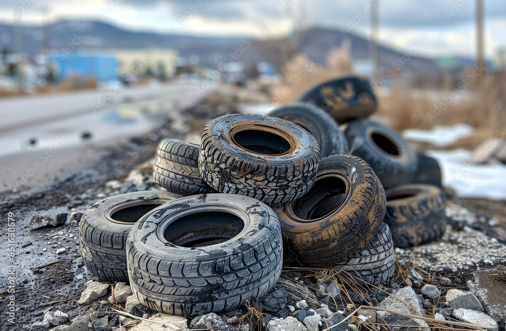 Used Tires Stacked Near Roadside. A pile of used tires sits by the side ...