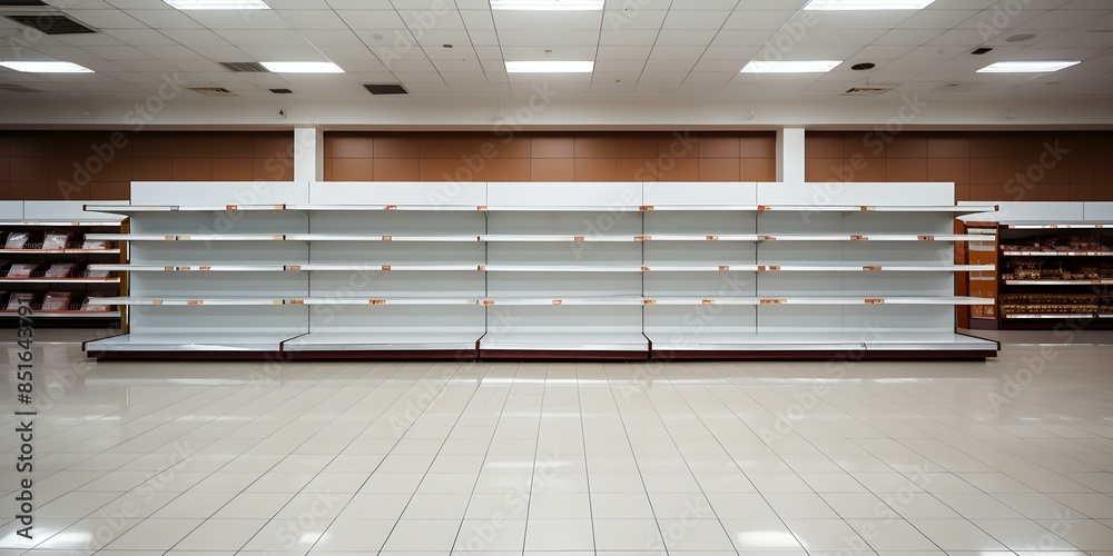 Empty supermarket interior with shelves and products no customers or ...