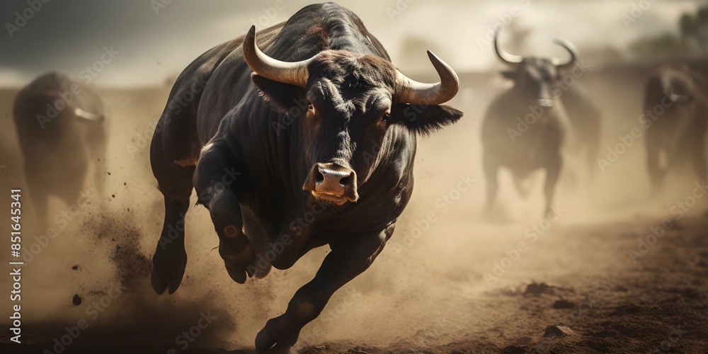 Raging bull charging with intense power and fury in rodeo arena ...