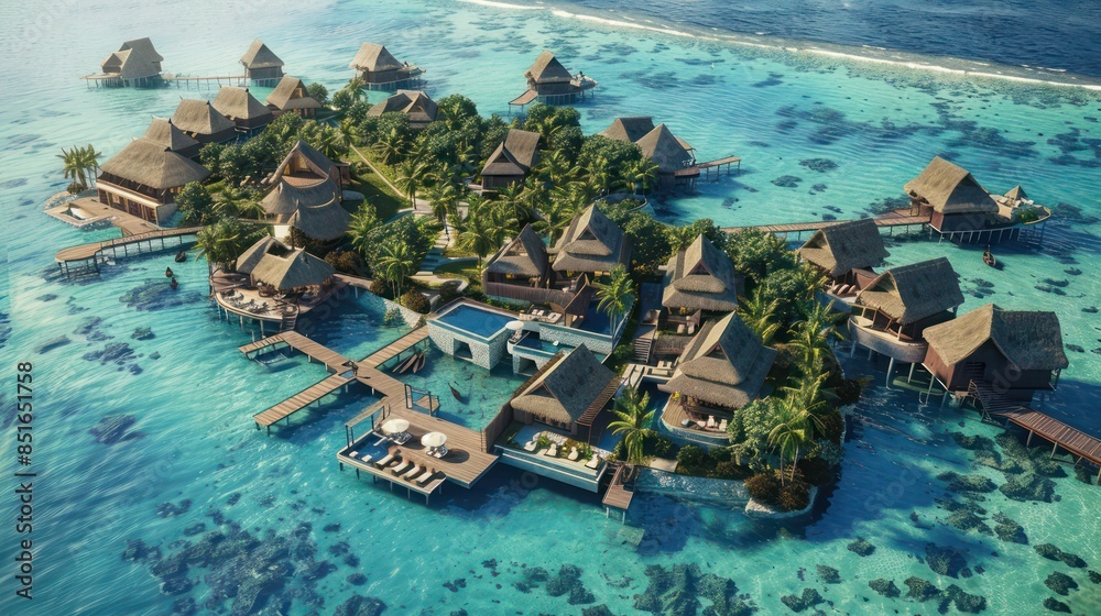 Blueprints of a luxurious private island resort with overwater ...