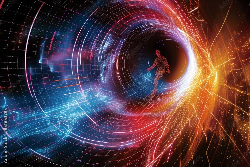 Abstract digital art depicting a human figure in a swirling vortex of ...