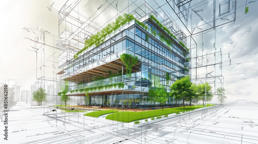 Technical drawings of a sustainable office building with green spaces ...