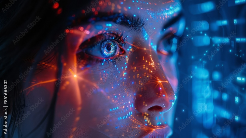 Human face with system particles around the face, combined technology ...