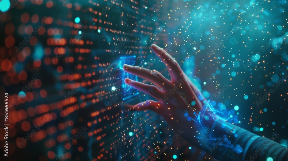 Hand touching a spinning data flow, data flow processing visualization background Stock ...