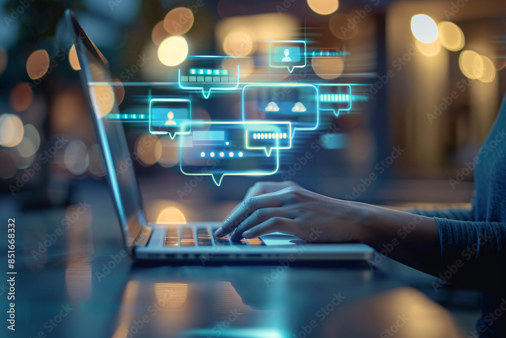 The image shows a person typing a prompt on a laptop screen, engaging ...