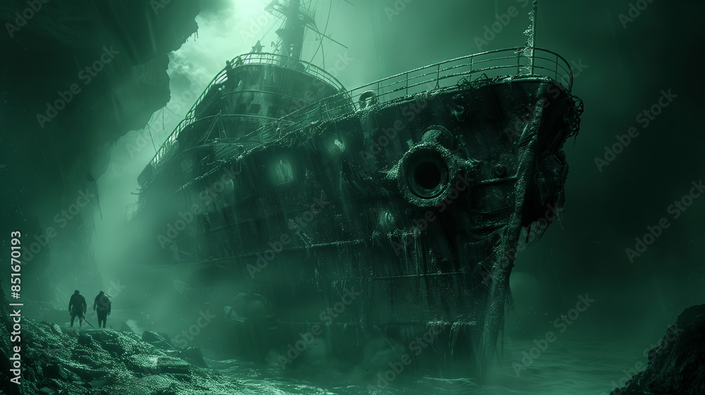 an ancient shipwreck with people on the deck in a creepy dark green ...