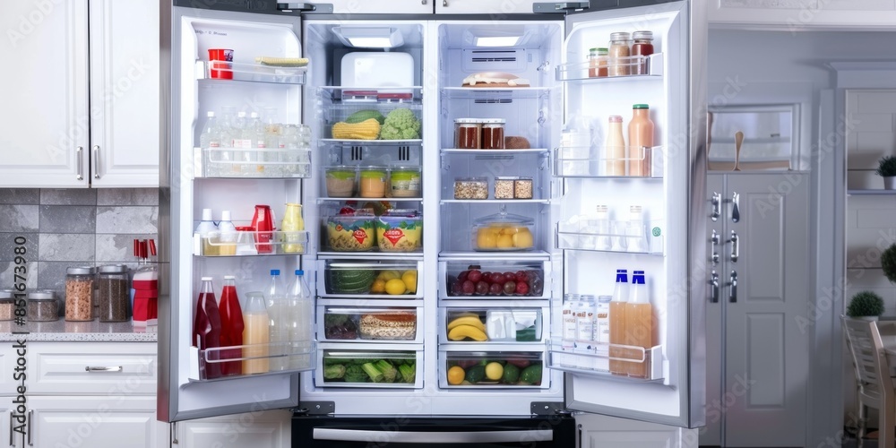 Open Refrigerator in Kitchen Filled with Various Products for Healthy ...