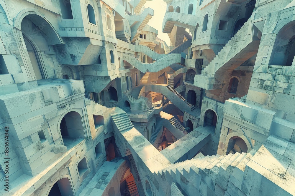 Surreal architectural labyrinth with intricate staircases intertwining ...