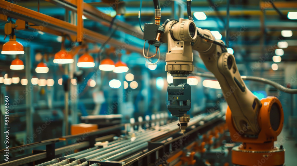 A robotic arm works in a factory, using smart technology to help make ...