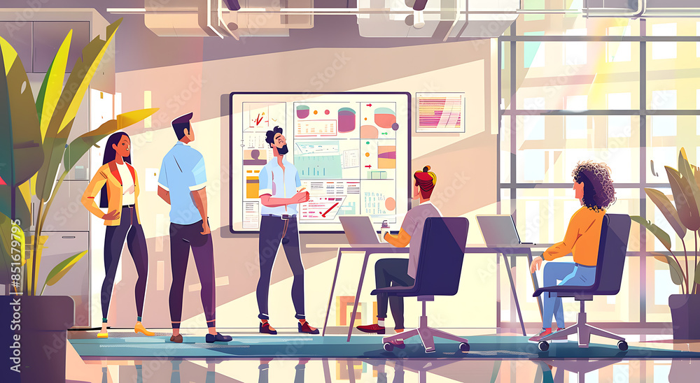 Dynamic creative group of people engaged office setting around table ...