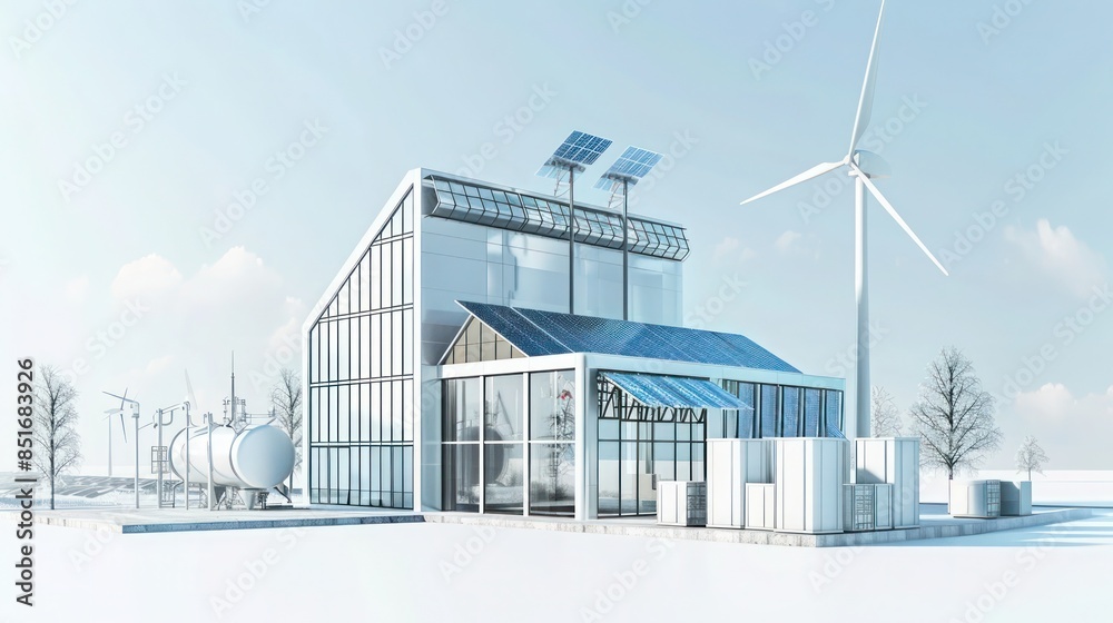 Technical drawings of a modern renewable energy plant with integrated ...