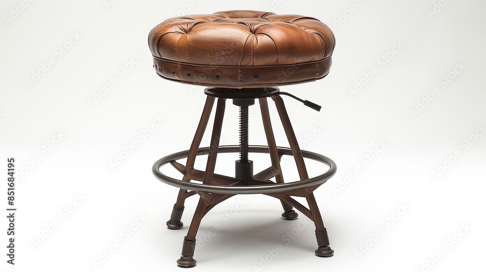 Elegant and vintage-style brown leather tufted adjustable metal bar ...