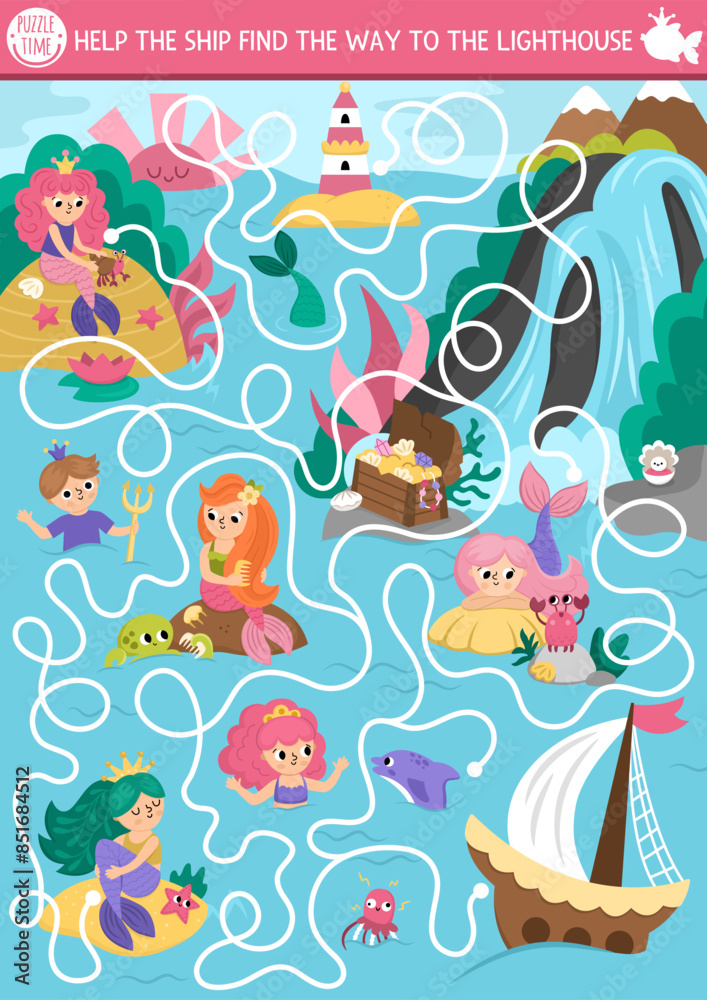 Mermaid maze for kids with lagoon landscape, princess. Marine preschool ...