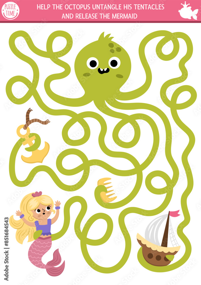 Mermaid maze for kids shaped as octopus tentacles with anchor, ship ...