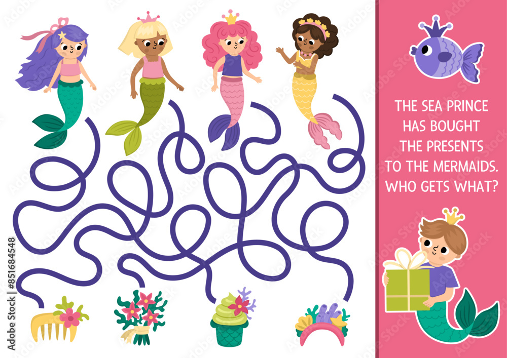 Mermaid maze for kids with price giving presents. Marine preschool ...