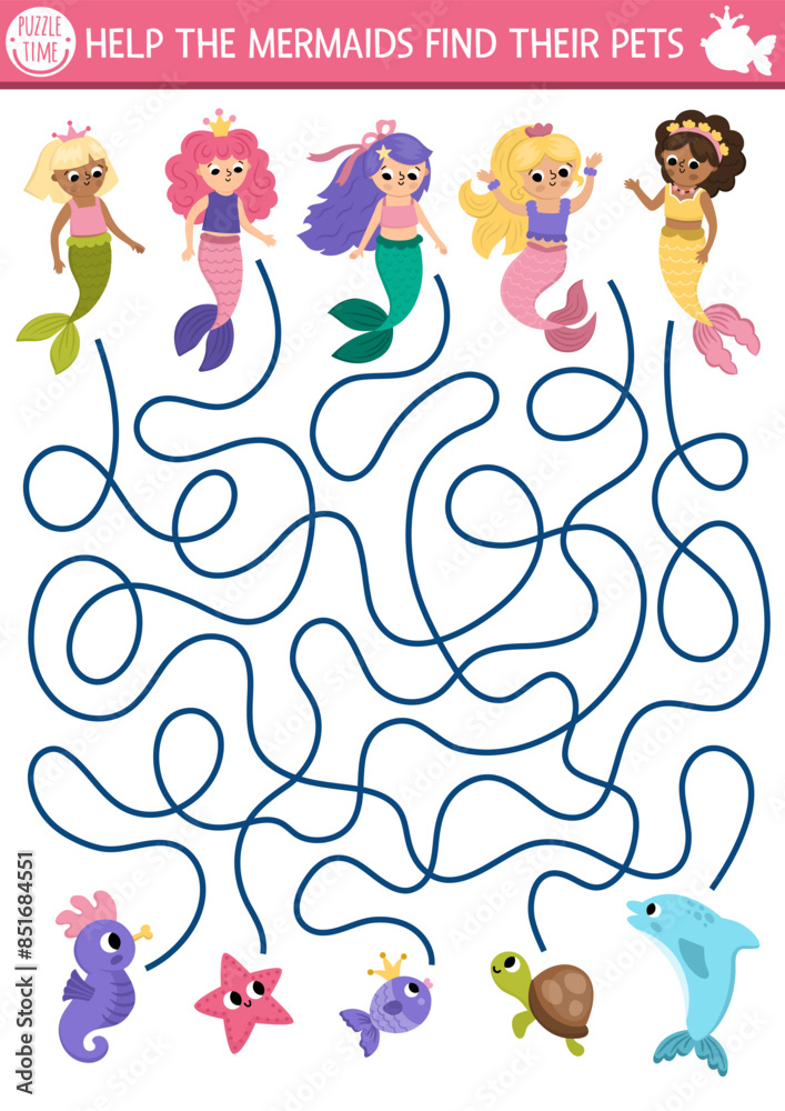Mermaid maze for kids with their pet animals. Marine preschool ...