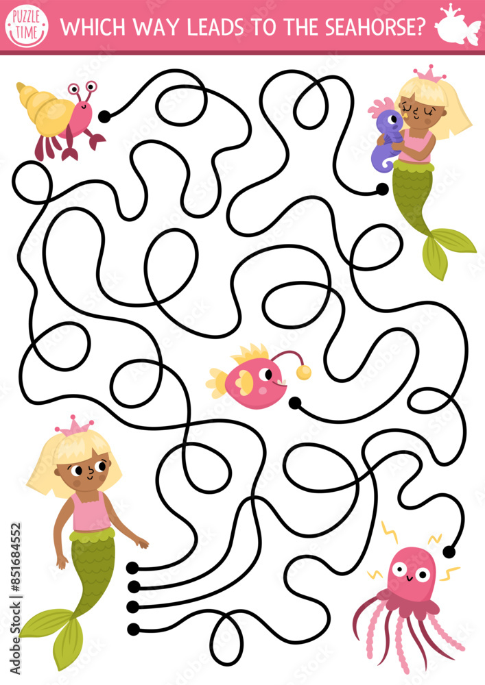 Mermaid maze for kids with seahorse, crab, fish, jellyfish. Marine ...