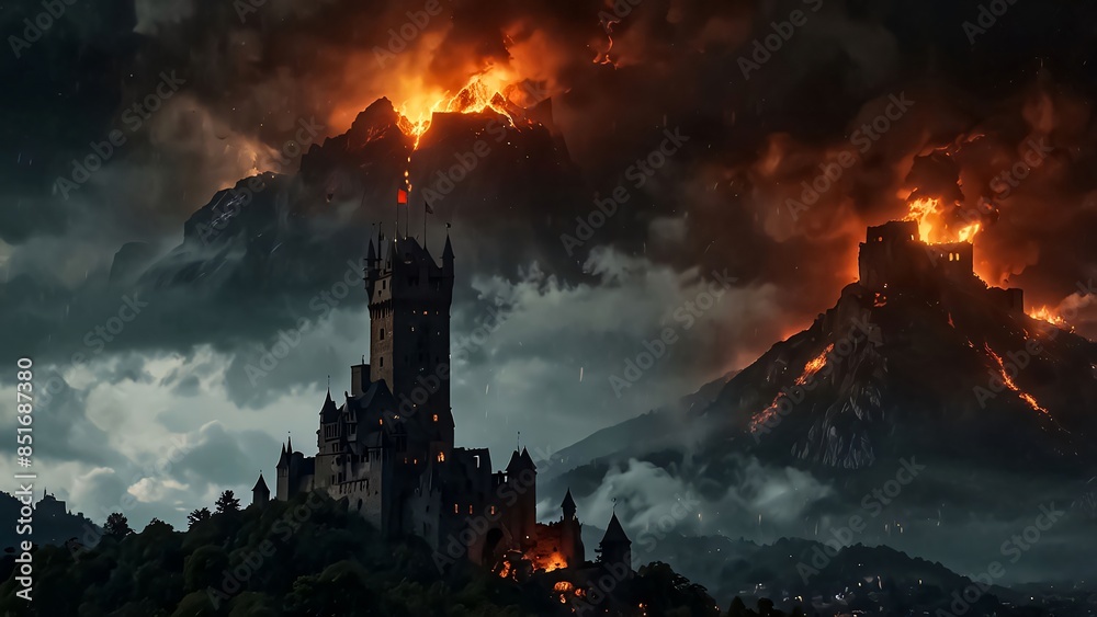 Mystical and spooky castle in the dark and in the fog A magical horror ...