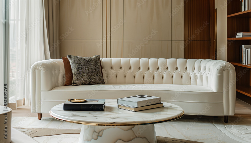 Living Room Interior with White Cream Ar Deco Style Capitone Velvet ...