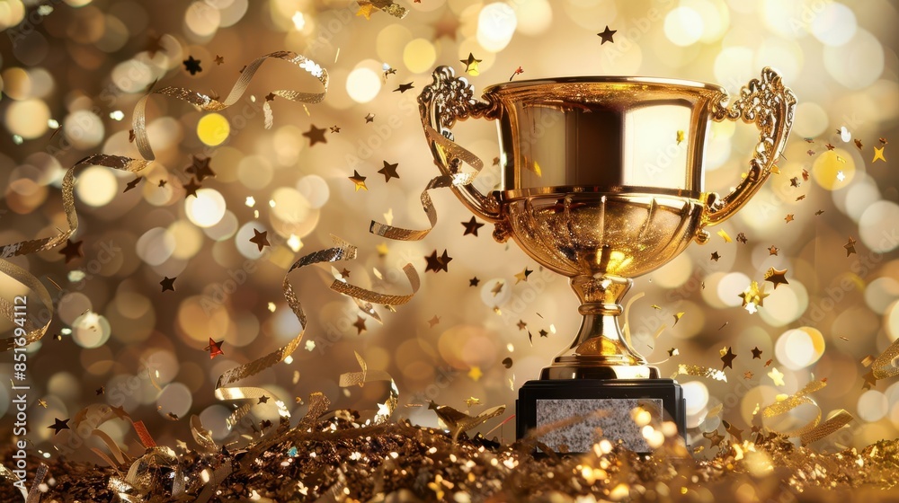 Elegant golden trophy with a reflective surface, amidst a shower of ...