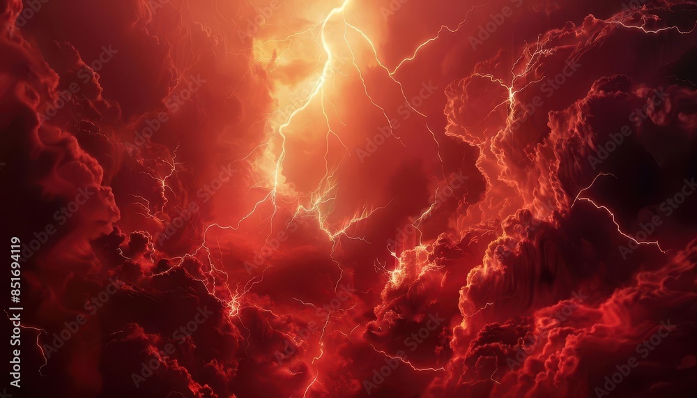 dramatic religious hell realm background with bright lightning in dark ...