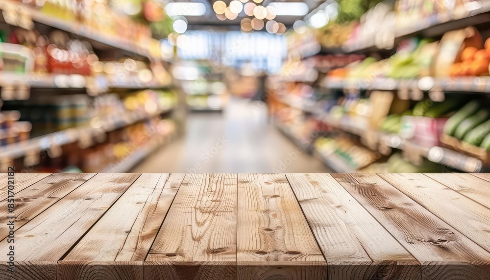 empty wooden table with blurred grocery store background product ...