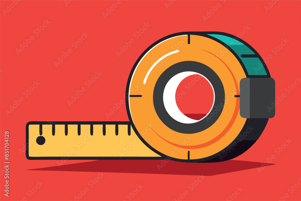 a spool of measuring tape. The tape is colored in rich yellow, red and ...