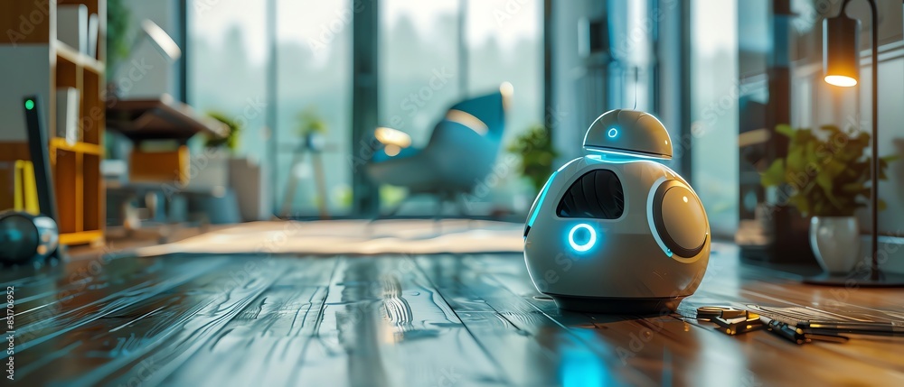 Realistic android robot cleaner tidying up a modern office space ...