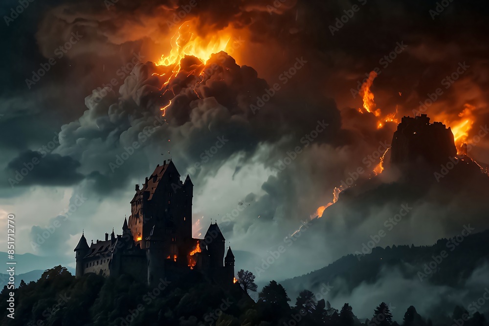 Mystical and spooky castle in the dark and in the fog A magical horror ...