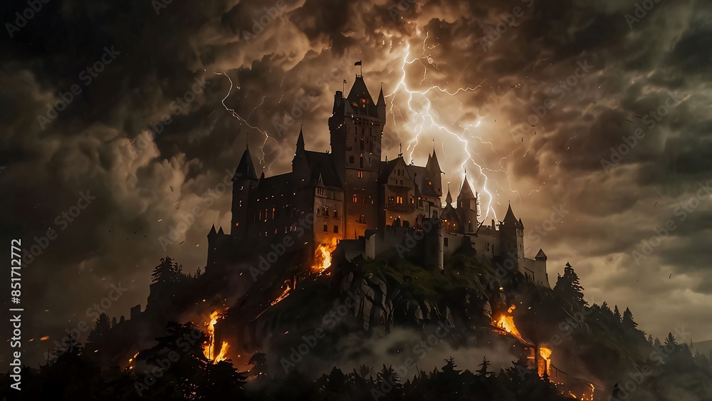 Mystical and spooky castle in the dark and in the fog A magical horror ...