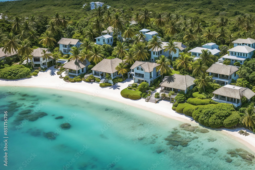 Secluded seafront luxury houses and mansions on white sandy coastal ...