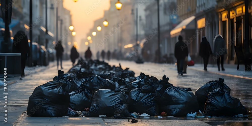 City street cluttered with black garbage bags showcasing waste problem ...