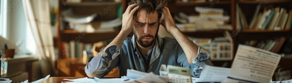 Man overwhelmed by financial stress, surrounded by bills, calculators ...