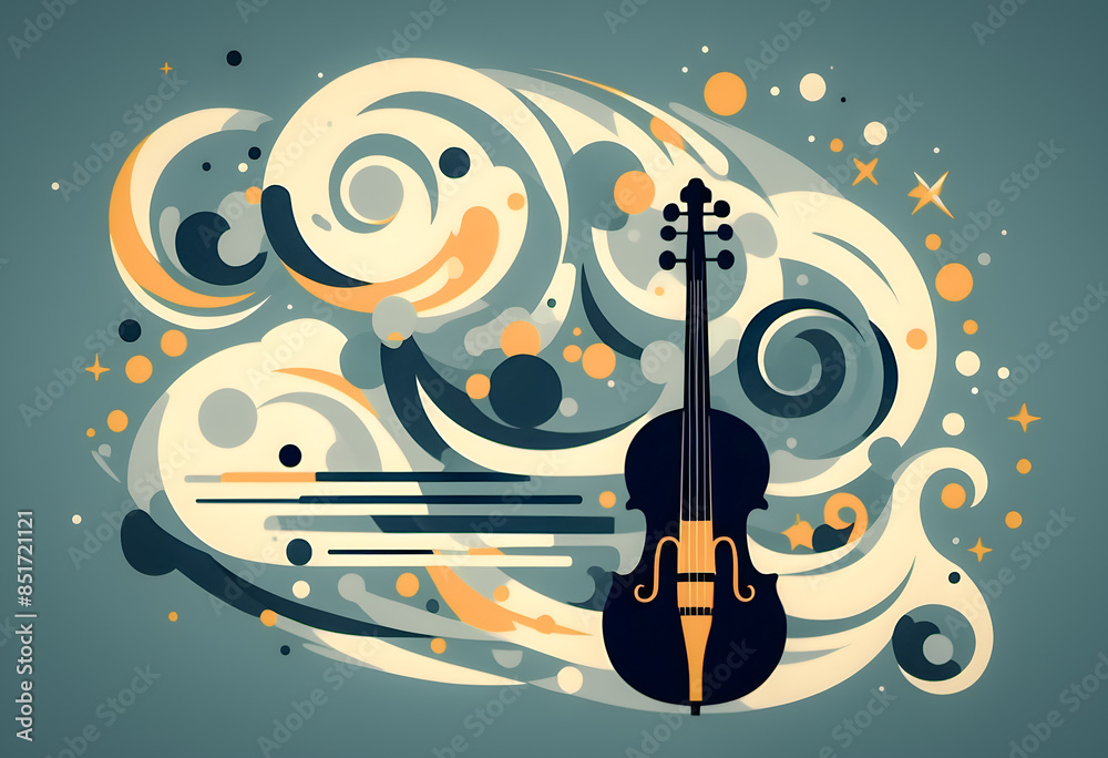 Abstract illustration featuring a violin with swirling musical notes ...