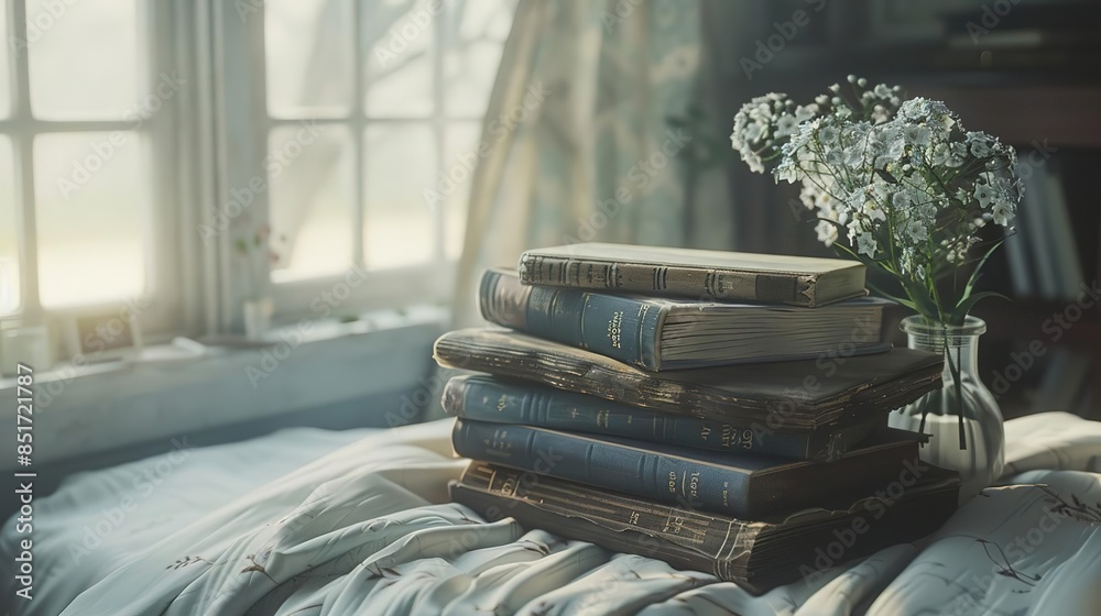 Frontal Angle, stack of books on a bedside table as part of a bedtime ...