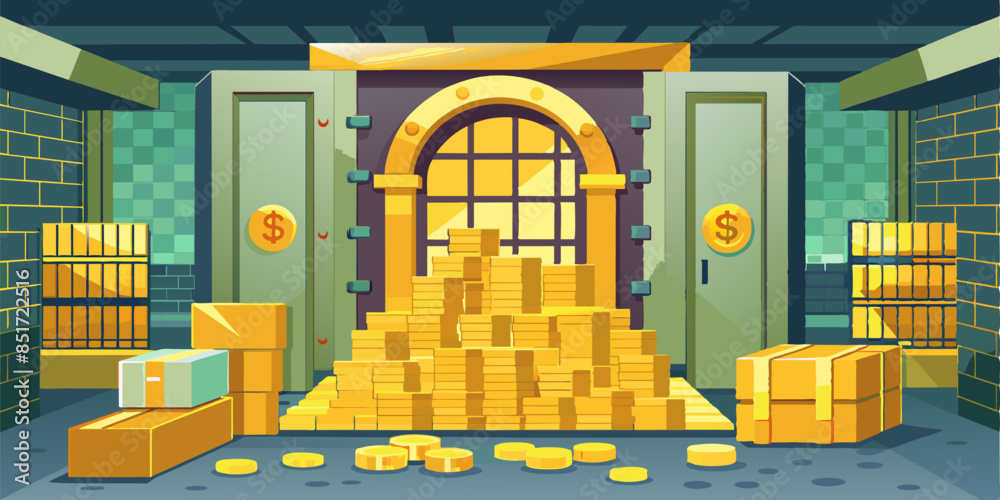 Bank vault with open door. Store Gold bar, inside in Gold vault money ...