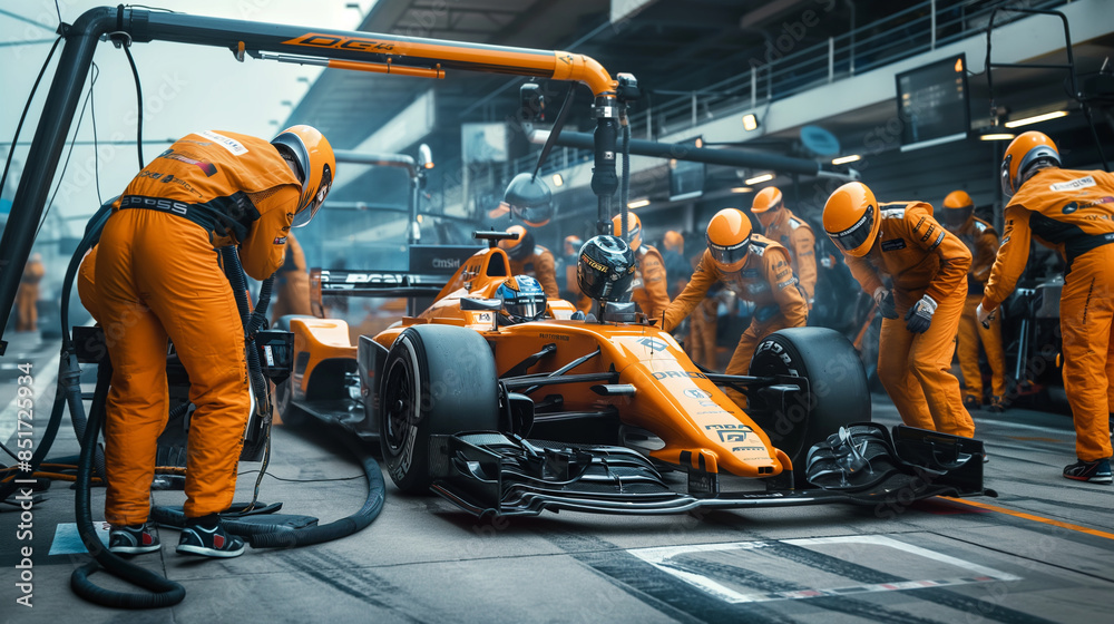 A pit crew team, each member in their designated position, ready to ...