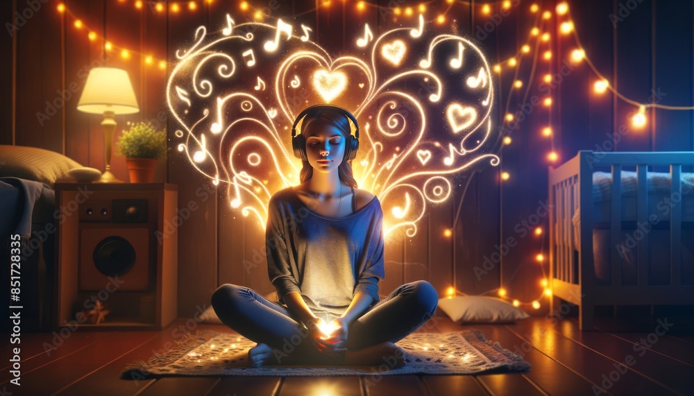 A young woman sitting cross-legged with closed eyes, wearing headphones ...