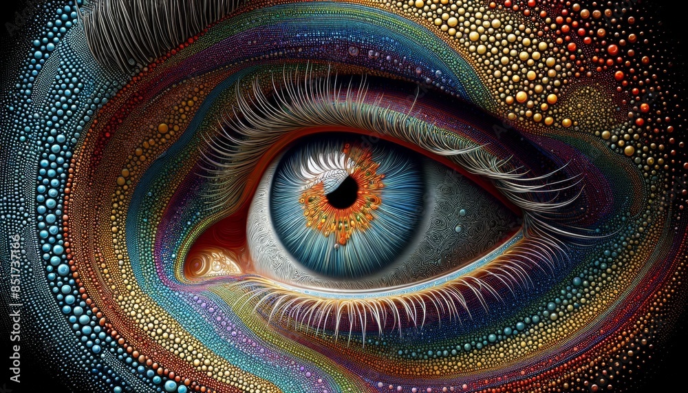 A close-up of a human eye, where the iris is made up of intricate ...