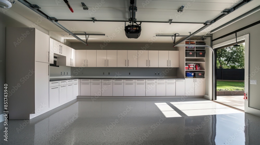 minimalist garage with sleek cabinetry, an epoxy floor, and efficient ...