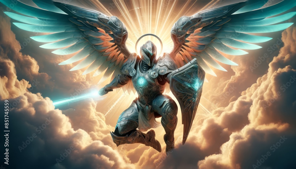 An armored angelic figure in an action pose with wings spread wide ...