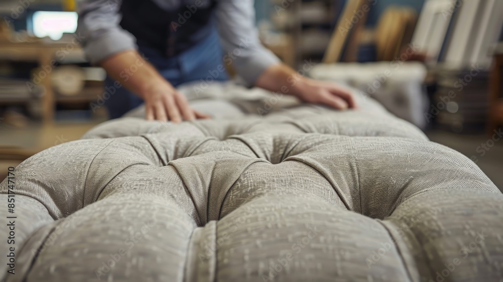 Craftsman upholstering a button-tufted grey fabric couch in a workshop ...
