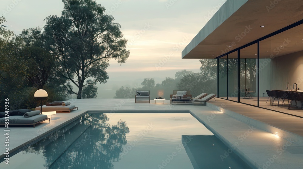 minimalist outdoor pool area with an infinity edge, discreet landscape ...