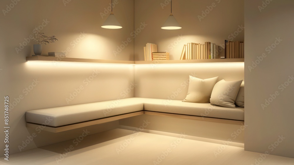 minimalist reading corner featuring a sleek built-in bench, overhead ...