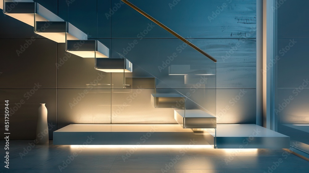 minimalist staircase with floating steps, glass railings, and hidden ...