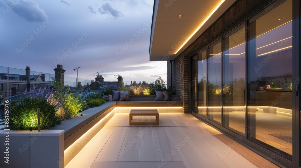 minimalist terrace designed with a continuous bench, hidden planters ...